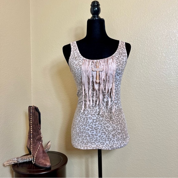 Tops | Cheetah Tank With Cross | Poshmark